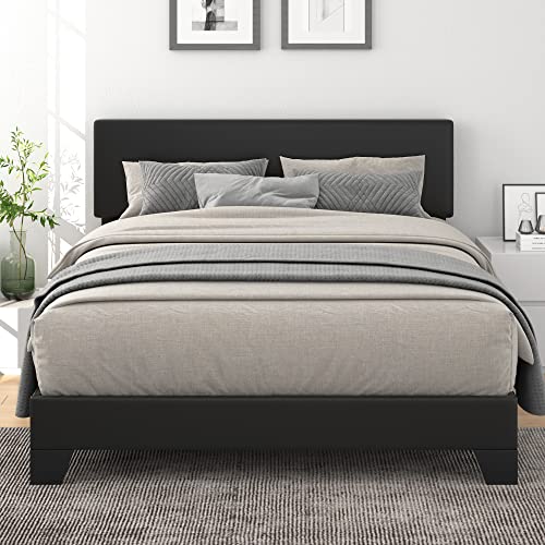 Allewie Full Size Bed Frame with Adjustable Headboard, and Waterproof Faux Leather Upholstered Platform, Sturdy Wood Slat Support, No Box Spring Needed, Easy Assembly, Black