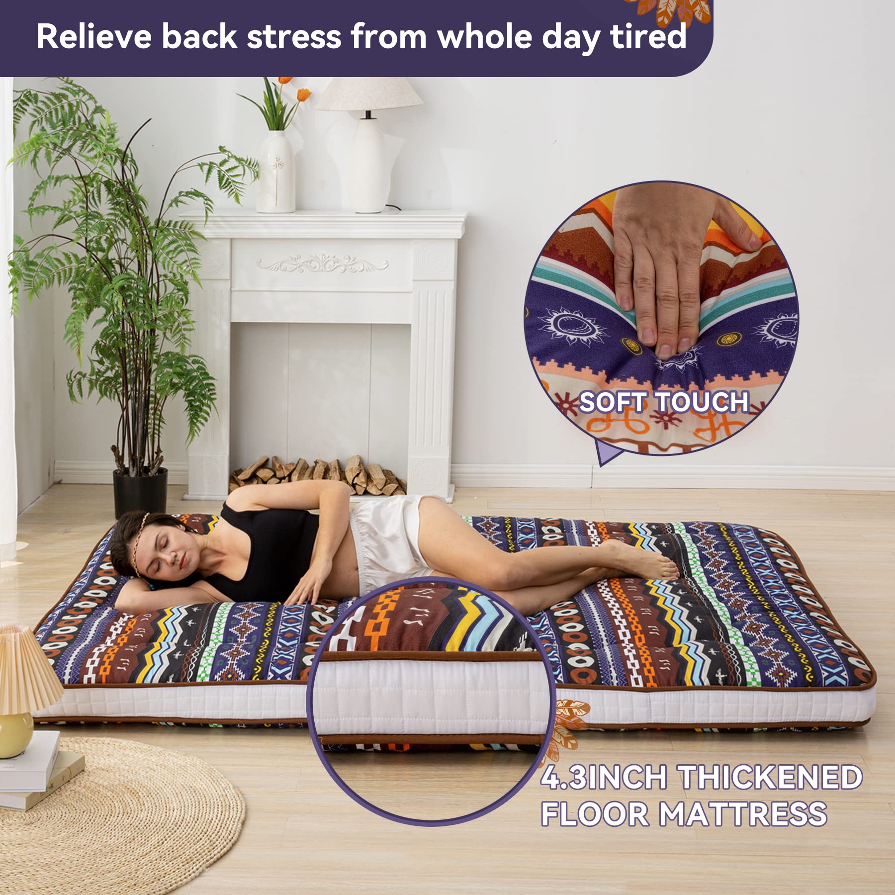 Dr.Futon Japanese Floor Futon Mattress Extra Thick Folding Roll Up Bed Topper Mat for Guest,Lounger and Tavel