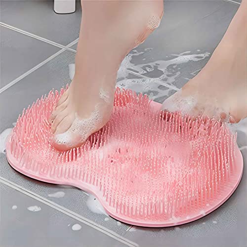 BAOZMINAN Shower Foot Scrubber, Wall-Mounted Back Scrubber, Silicone Bath Massage Cushion Brush with Suction Cups, Bathroom Wash Foot Mat Exfoliating Dead Skin Foot Brush (Pink)