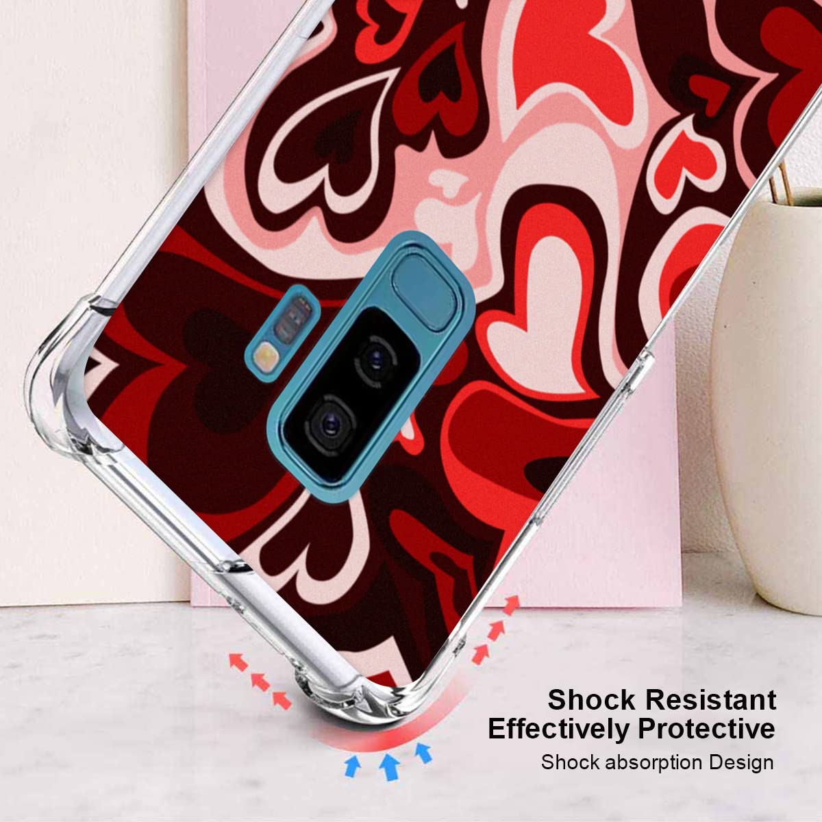 zaztify Phone Case for Samsung Galaxy S9 Plus, Lovely Irregular Red Black Love Heart Lovecore Aesthetic Cute Pattern Shockproof Protective Anti-Slip Thin Slim Soft Clear Phone Cover Shell