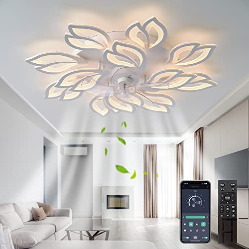 Modern Ceiling Fans with Lights, Ceiling Fan with Dimmable LED Lights and Remote, Bladeless Ceiling Fan Lights Low Profile Ceiling Fan Reversible Blades 6 Wind Speed Timing for Bedroom 35''(White)