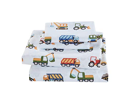Fancy Linen Crib Sheet Set Flat Fitted and Pillow Case Set for Boys/Girls Multi Color (Under Construction Zone Excavators Dumping Trucks Tractors Light Blue Red Yellow Dark Blue)