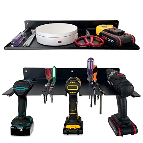 Homydom Garage Organization and Drill Storage Electric Drill Storage Rack Power Tool Holder with Storage Shelf Wall Mounted Utility Battery Storage Organizer Garage Workshop Shed Hanging