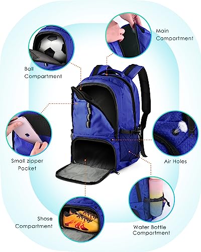 BROTOU Premium Soccer Bag, Basketball Backpack with Separate Cleat and Ball Compartment, Backpack for Rugby & Football & Volleyball & Handball (Blue)