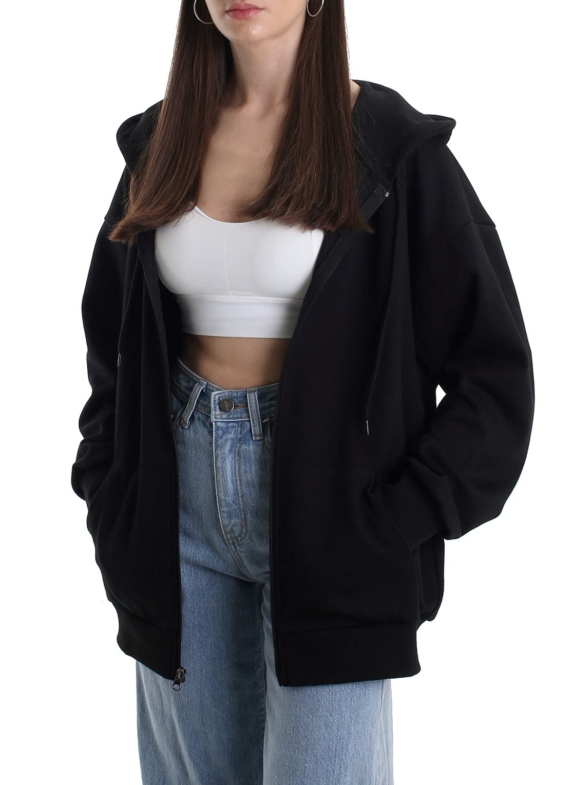TOMLALEL Women's Active Zip Up Hoodie, Oversized Loose Casual Jacket, Comfortable Long Sleeve with Pockets Zipper Drawstring (Medium, Oversized_Black)