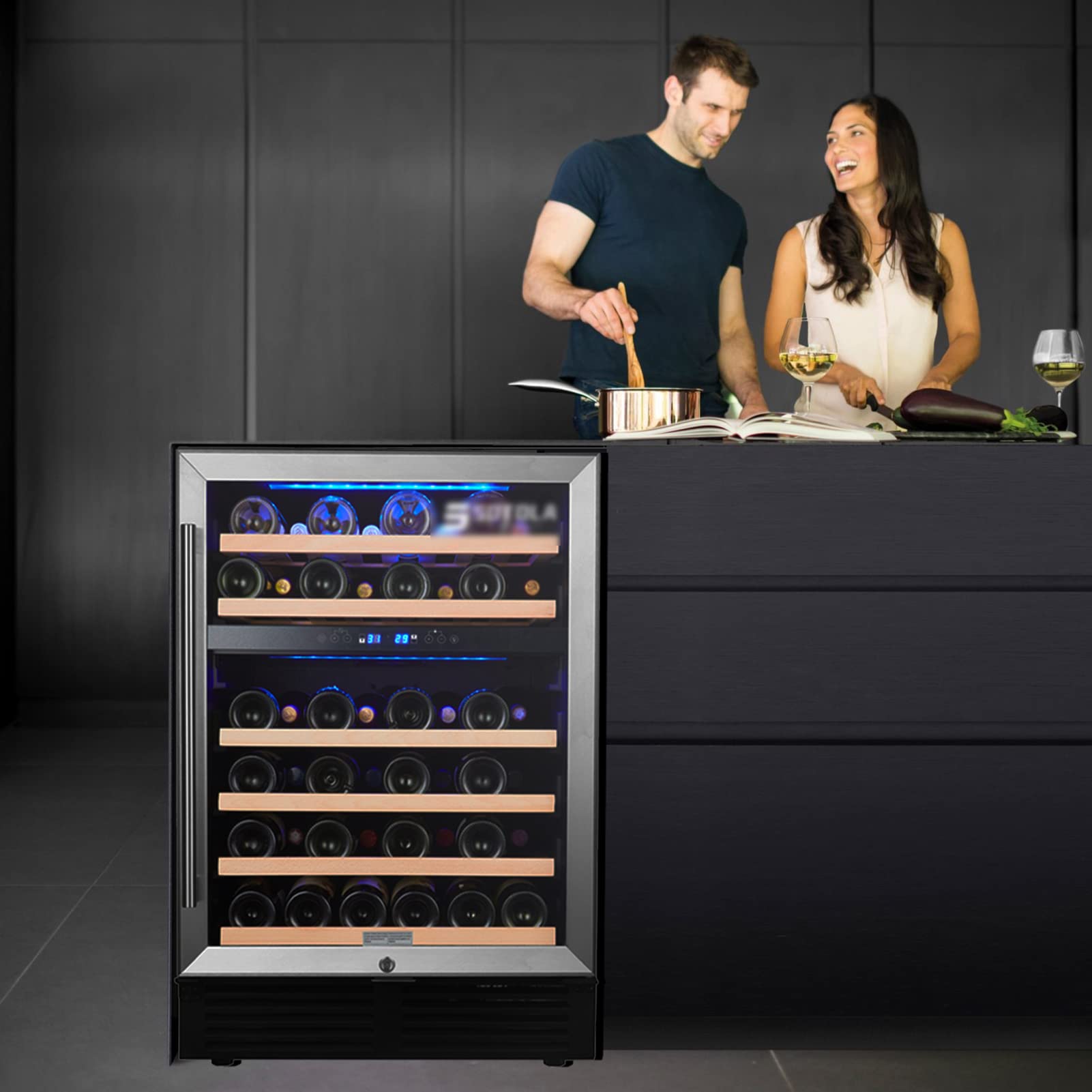 24 inch Freestanding Wine Fridge, 46 Bottle Fast Cooling Low Noise Compact Mini Wine Fridge with Stainless Steel Tempered Glass Door Small Wine Cooler Cabinet Beverage Refrigerator, for Kitchen