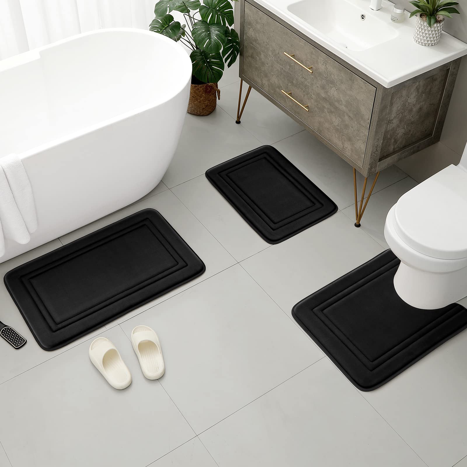 BYSURE Black Memory Foam Bath Mat, Non Slip Extra Soft Absorbent Machine Washable, Bathroom Rugs Sets 3 Piece for Toilet Shower Sink