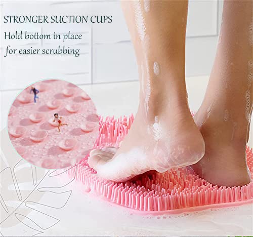 BAOZMINAN Shower Foot Scrubber, Wall-Mounted Back Scrubber, Silicone Bath Massage Cushion Brush with Suction Cups, Bathroom Wash Foot Mat Exfoliating Dead Skin Foot Brush (Pink)