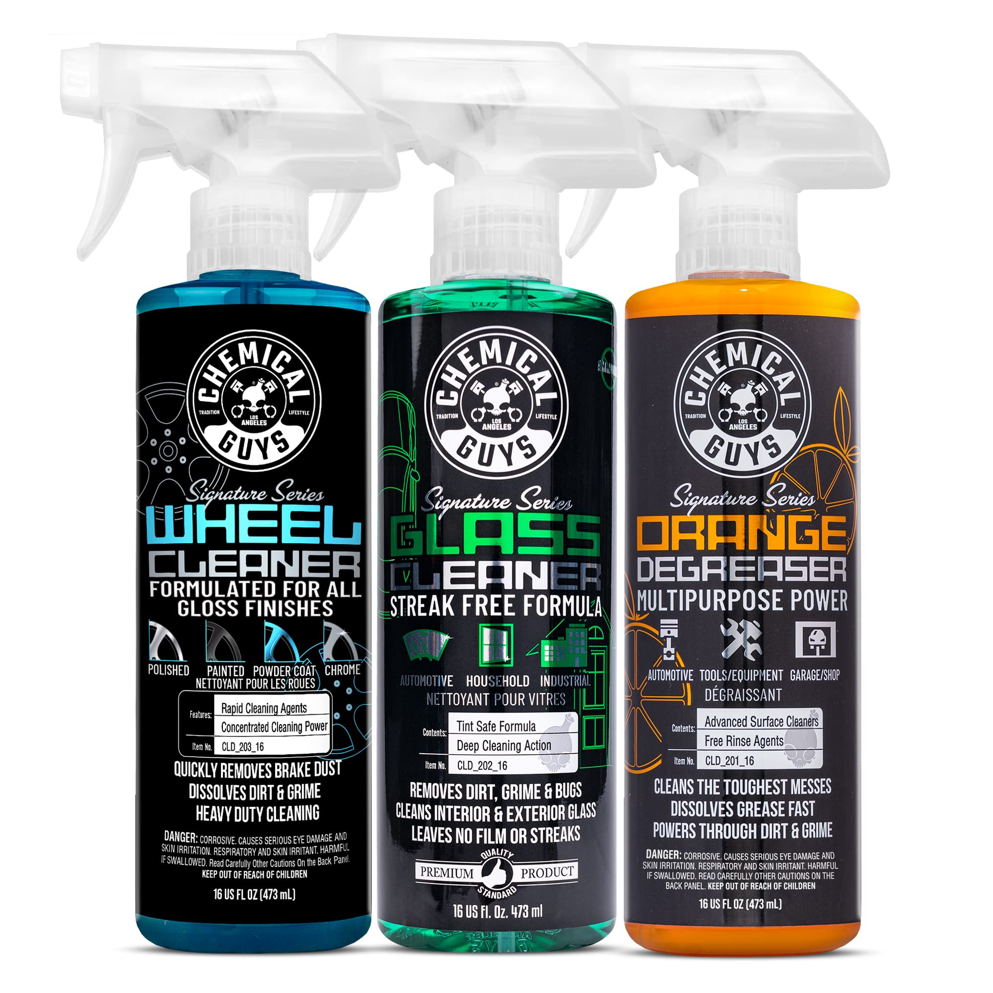 Chemical Guys CLD_203_16 Signature Series Wheel Cleaner,Blue, 16 oz with Signature Series Orange Degreaser, 16 oz with CLD_202_16 Signature Series Glass Cleaner,16 fl.oz