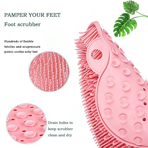 BAOZMINAN Shower Foot Scrubber, Wall-Mounted Back Scrubber, Silicone Bath Massage Cushion Brush with Suction Cups, Bathroom Wash Foot Mat Exfoliating Dead Skin Foot Brush (Pink)