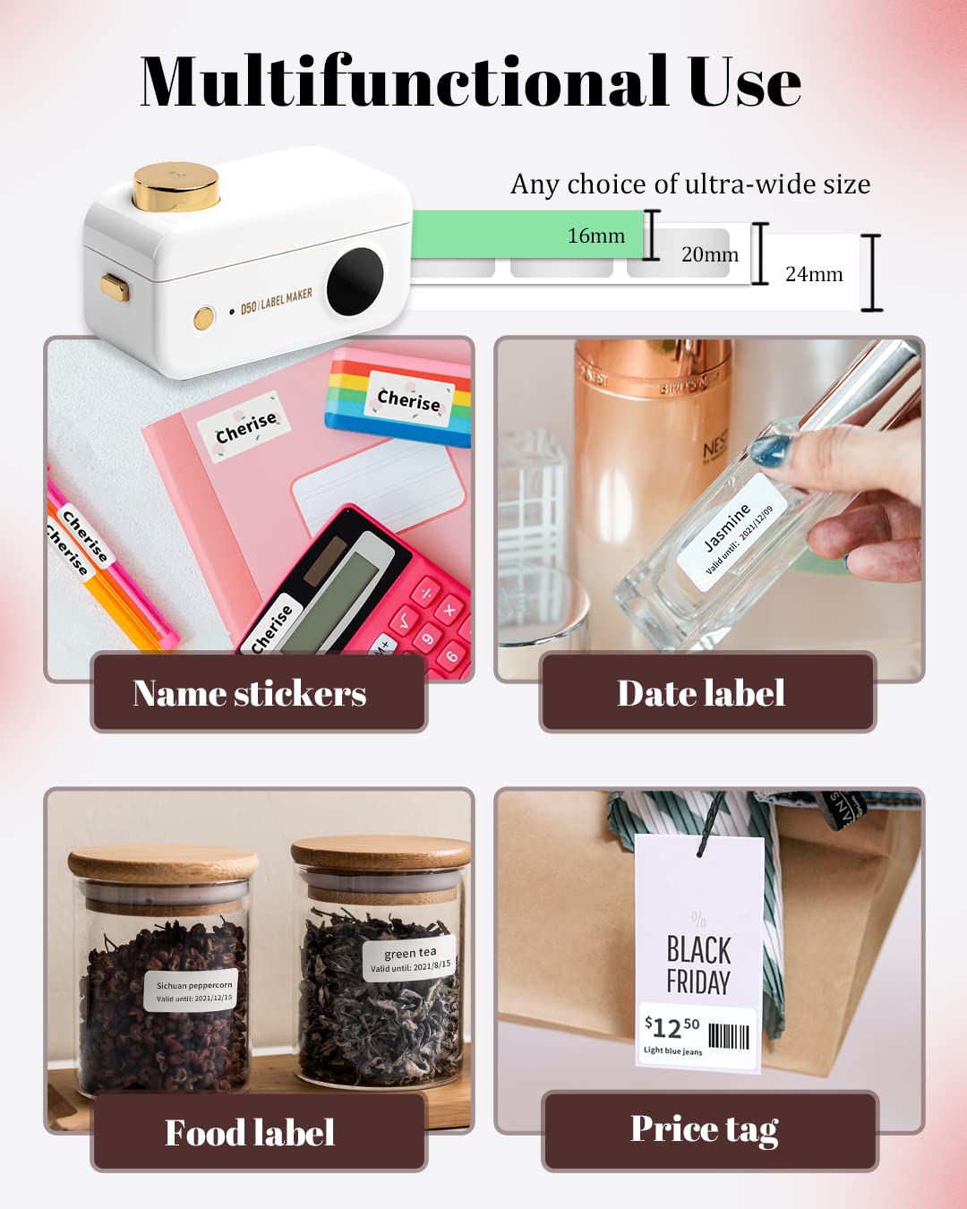 Phomemo D50 Label Maker with 3 Rolls Transparent Adhesive Label 24mm*6mm