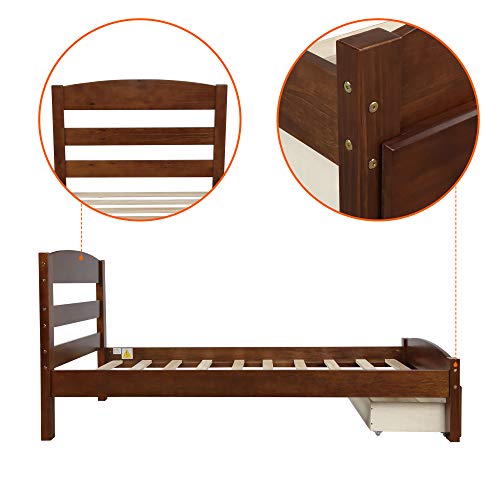 Platform Twin Bed Frame with Storage Drawer and Wood Slat Support No Box Spring Needed (Walnut)
