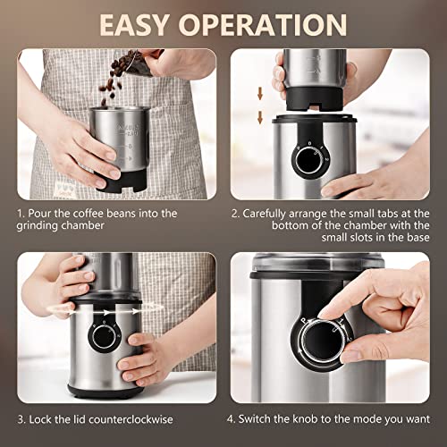 Electric Coffee Grinder with 1 Removable Cup, Adjustable Coffee Bean Grinder for Beans, Spice, Herb, Nut, Flax Seed, 300W Powerful Electric Spice Grinder with Non-Slip Feet, Clear Lid, Stainless Steel