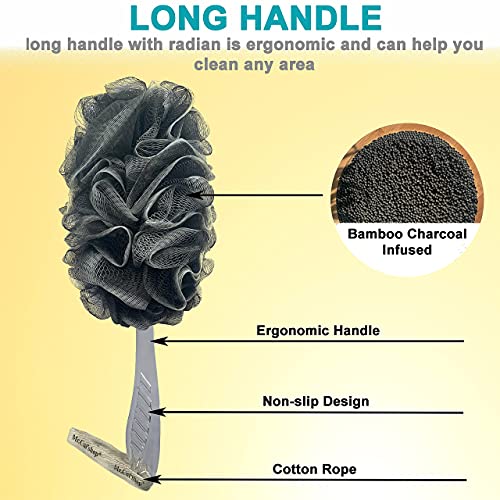 Bamboo Charcoal Fiber Exfoliating Loofah luffa loofa Bath Back Brush On a Stick - Long Handle With Radian is Ergonomic For Men and Women - Shower Sponge Body Back Scrubber