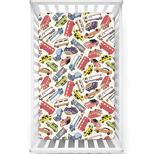 Cars Themed Fitted Crib Sheet,Standard Crib Mattress Fitted Sheet Toddler Bed Mattress Sheets-Crib Mattress Sheet or Toddler Bed Sheet, 28“ x52“,Multicolor