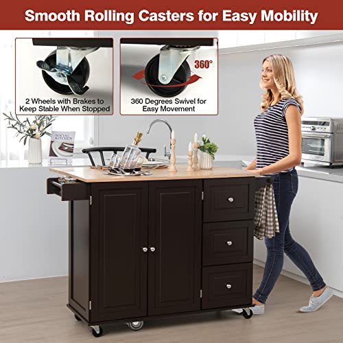 GOFLAME Kitchen Island Cart with Drop Leaf, Rolling Kitchen Cart on Wheels with Rubber Wood Top, 3 Drawers, Towel & Spice Rack, 2-Door Cabinet, Serving Trolley Cart for Kitchen Dining Room (Brown)