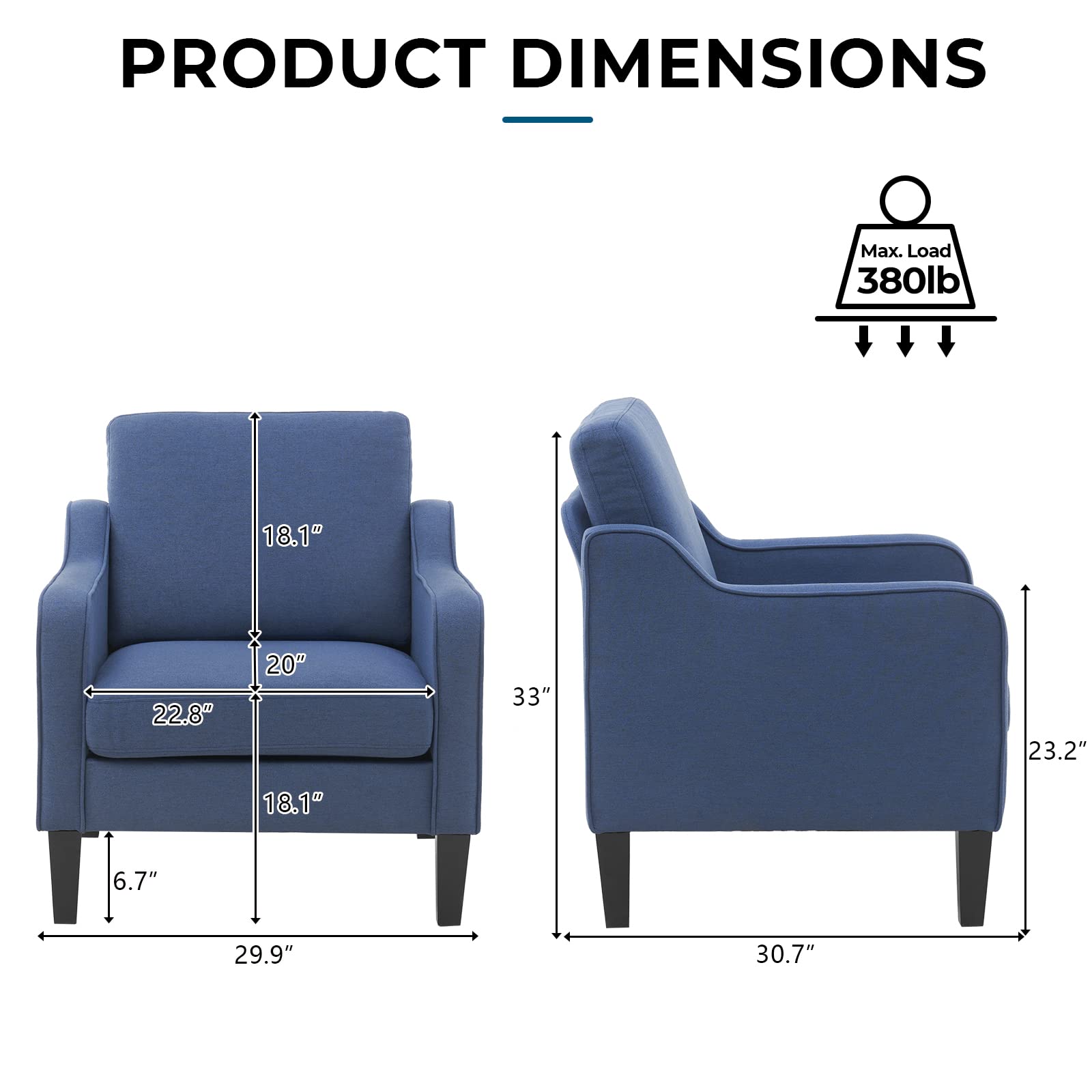 VINGLI Mid Century Modern Accent Chair,Navy Blue Fabric for Living Room Upholstered Armchair with Scooped Arms for Bedroom,Apartment,Studio,Office,Waiting Room