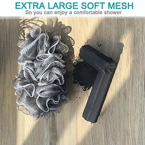 Bamboo Charcoal Fiber Exfoliating Loofah luffa loofa Bath Back Brush On a Stick - Long Handle With Radian is Ergonomic For Men and Women - Shower Sponge Body Back Scrubber
