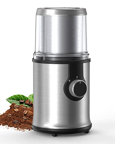 Electric Coffee Grinder with 1 Removable Cup, Adjustable Coffee Bean Grinder for Beans, Spice, Herb, Nut, Flax Seed, 300W Powerful Electric Spice Grinder with Non-Slip Feet, Clear Lid, Stainless Steel
