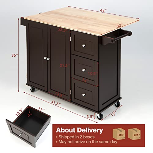 GOFLAME Kitchen Island Cart with Drop Leaf, Rolling Kitchen Cart on Wheels with Rubber Wood Top, 3 Drawers, Towel & Spice Rack, 2-Door Cabinet, Serving Trolley Cart for Kitchen Dining Room (Brown)