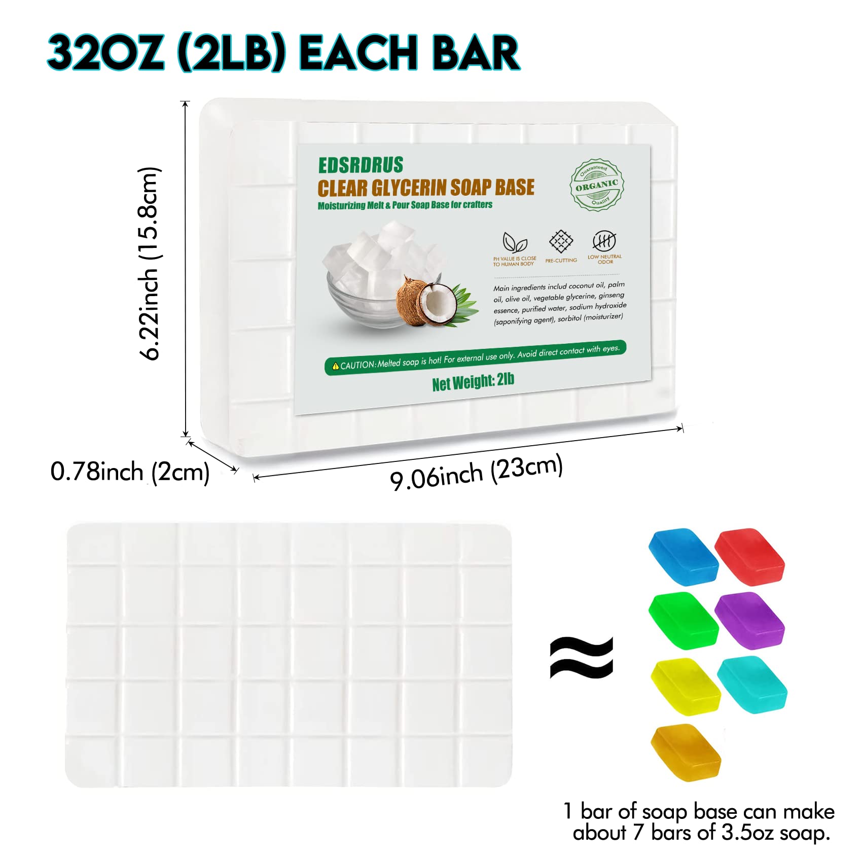 EDSRDRUS 2LB Unscented Glycerin Soap Base DIY Handmade Soap Moisturizing Melt and Pour Soap Base for Crafting, Vegetable Glycerin & Coconut Oil, Easy to Cut (White, 2LB)