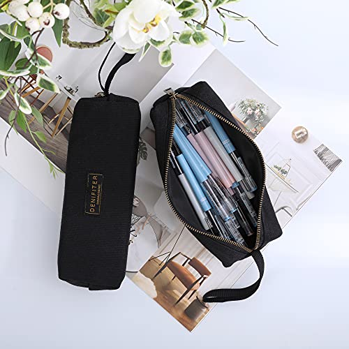 2 Pack Pen Pencil Case With Zipper, Heavy Duty Waxed Canvas Pencil Pouch Student Stationery Bag (Black)