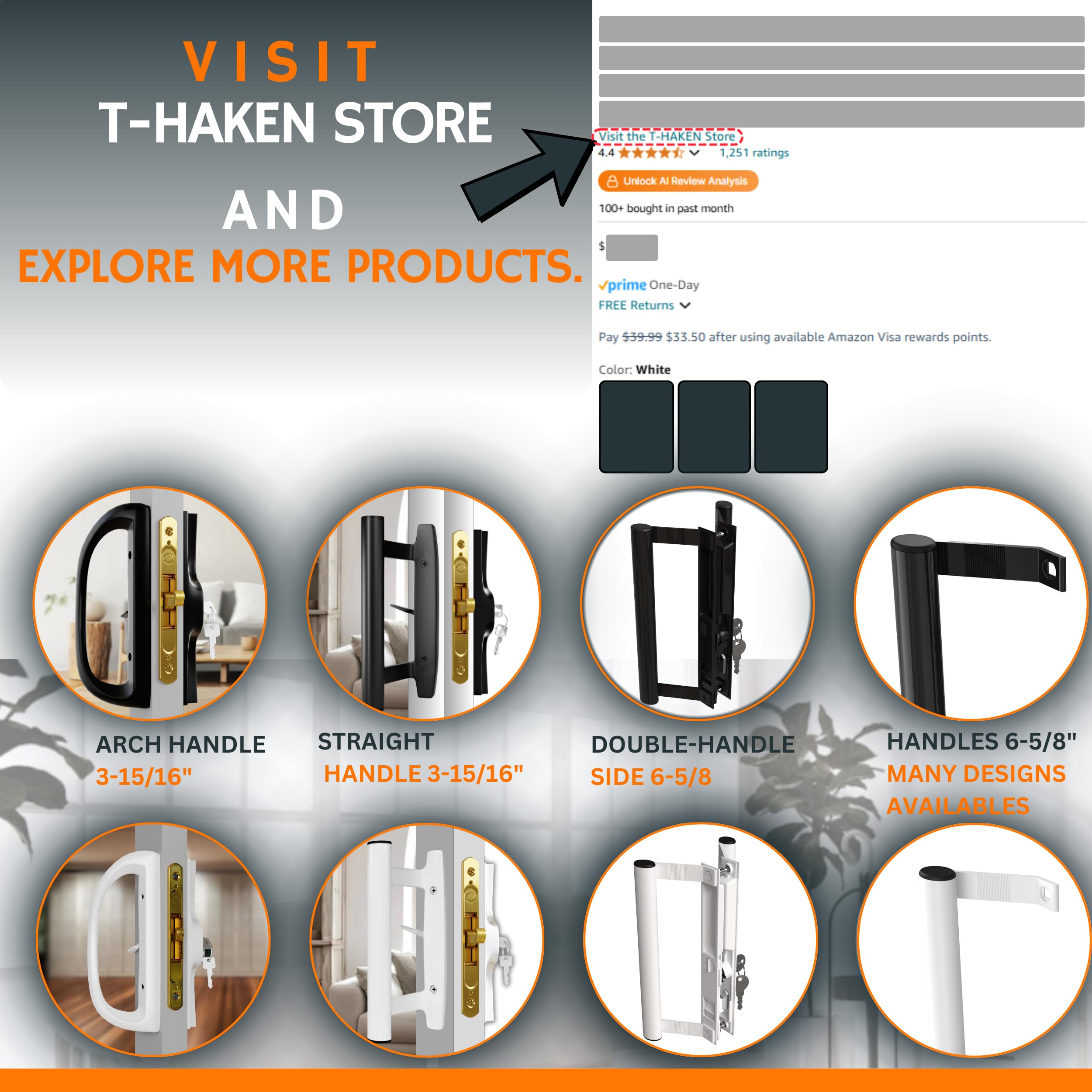 T-HAKEN Sliding Glass Door Replacement with Handles on Both Sides, 6-5/8 Black - Patio Door Handle Set That is 1 in. to 1-1/8 in. Thick Used on Both Left and Right-Handed. (Keyed)