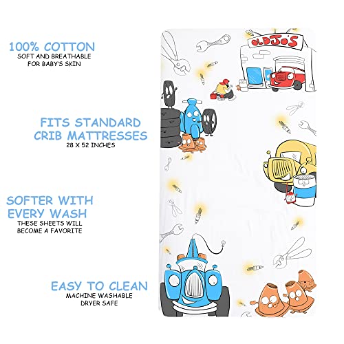 JumpOff Jo - Fitted Crib Sheet, Super Soft 100% Cotton Sheet for Standard Crib Mattresses and Toddler Beds, 28 in. x 52 in, Storytelling Designs - Jo's Garage (White)