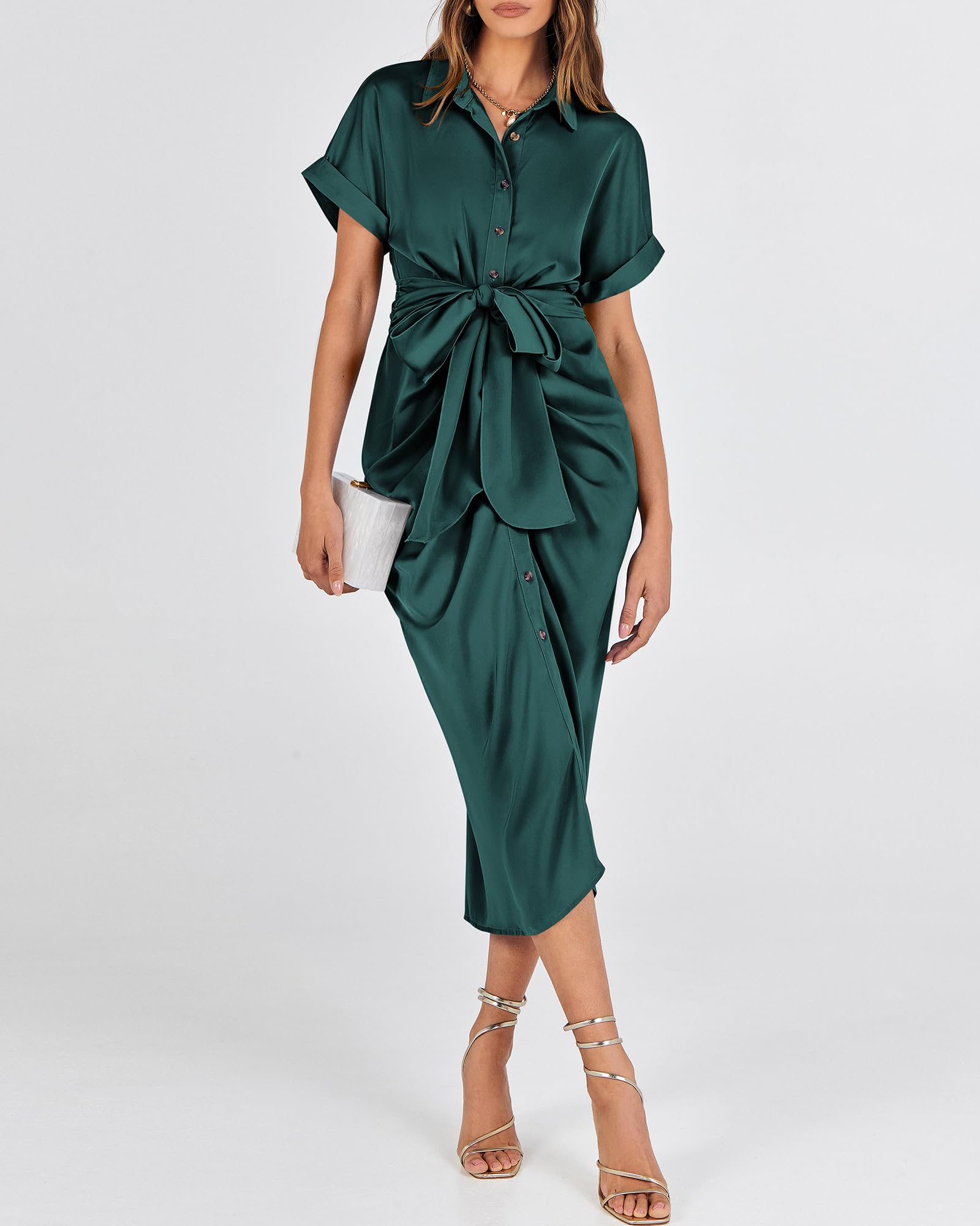 BTFBM 2024 Women Button Down Ruched Shirt Dresses Short Sleeve Lapel V Neck Elegant Party Spring Summer Maxi Satin Dress(Short Sleeve Dark Green, Medium)