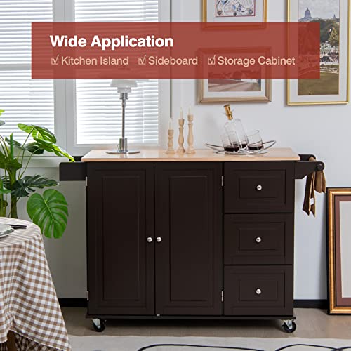 GOFLAME Kitchen Island Cart with Drop Leaf, Rolling Kitchen Cart on Wheels with Rubber Wood Top, 3 Drawers, Towel & Spice Rack, 2-Door Cabinet, Serving Trolley Cart for Kitchen Dining Room (Brown)