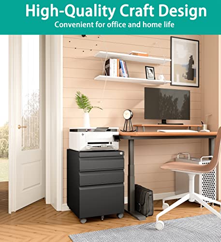 SISESOL 3 Drawer Mobile File Cabinet with Lock,Black Under Desk File Cabinets with Wheels,Rolling Metal Filing Cabinet for Home Office,Fit Legal/Letter/a4 File,Fully Assembled Except Casters