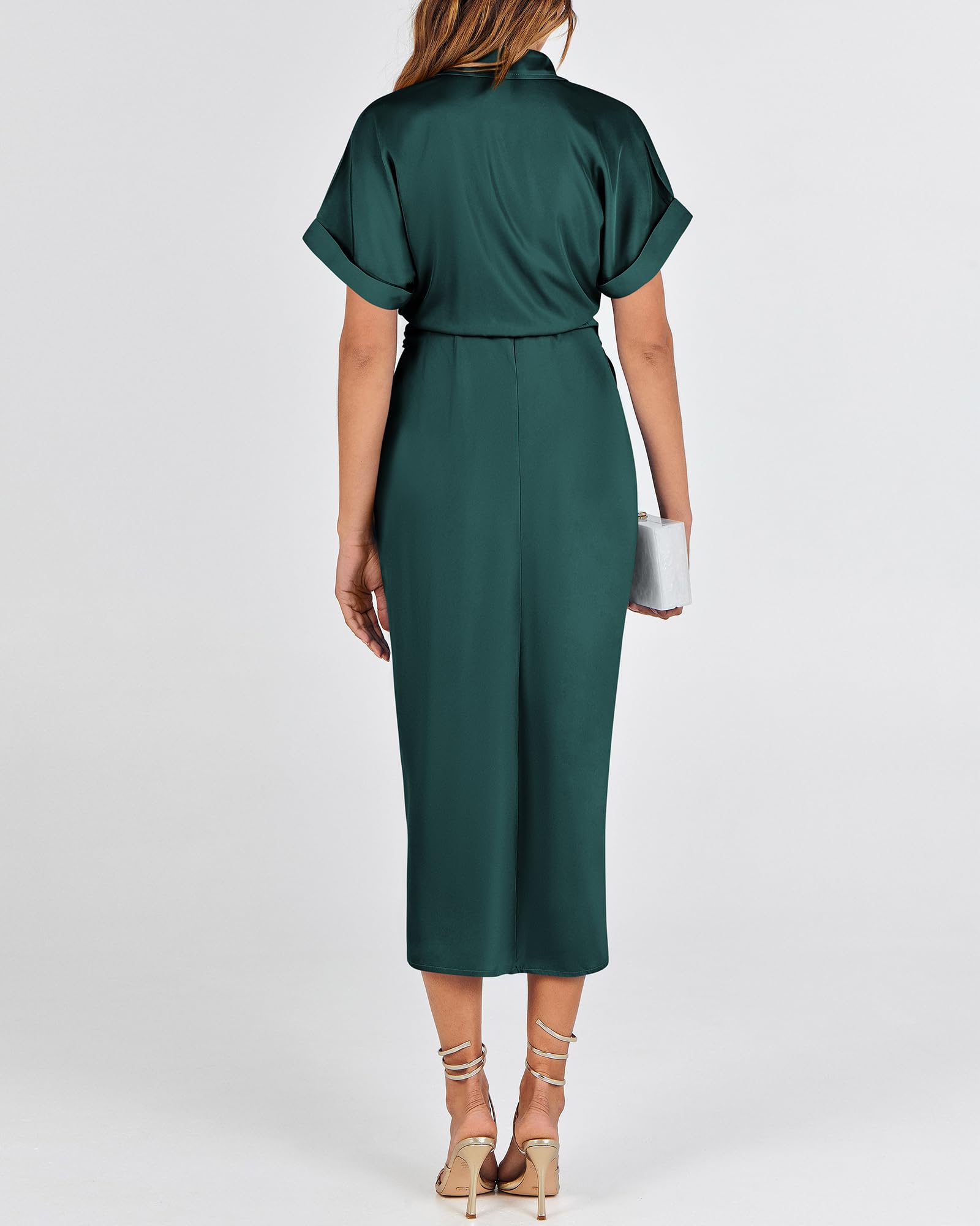 BTFBM 2024 Women Button Down Ruched Shirt Dresses Short Sleeve Lapel V Neck Elegant Party Spring Summer Maxi Satin Dress(Short Sleeve Dark Green, Medium)