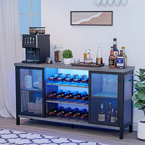 SOSPIRO Bar Cabinet with Wine Rack, LED Lights Industrial Coffee Bar Cabinet for Liquor and Glasses, Liquor Cabinet Bar for Home, Wine Bar Cabinet with Adjustable Shelves (Grey)