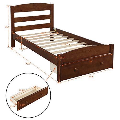 Platform Twin Bed Frame with Storage Drawer and Wood Slat Support No Box Spring Needed (Walnut)