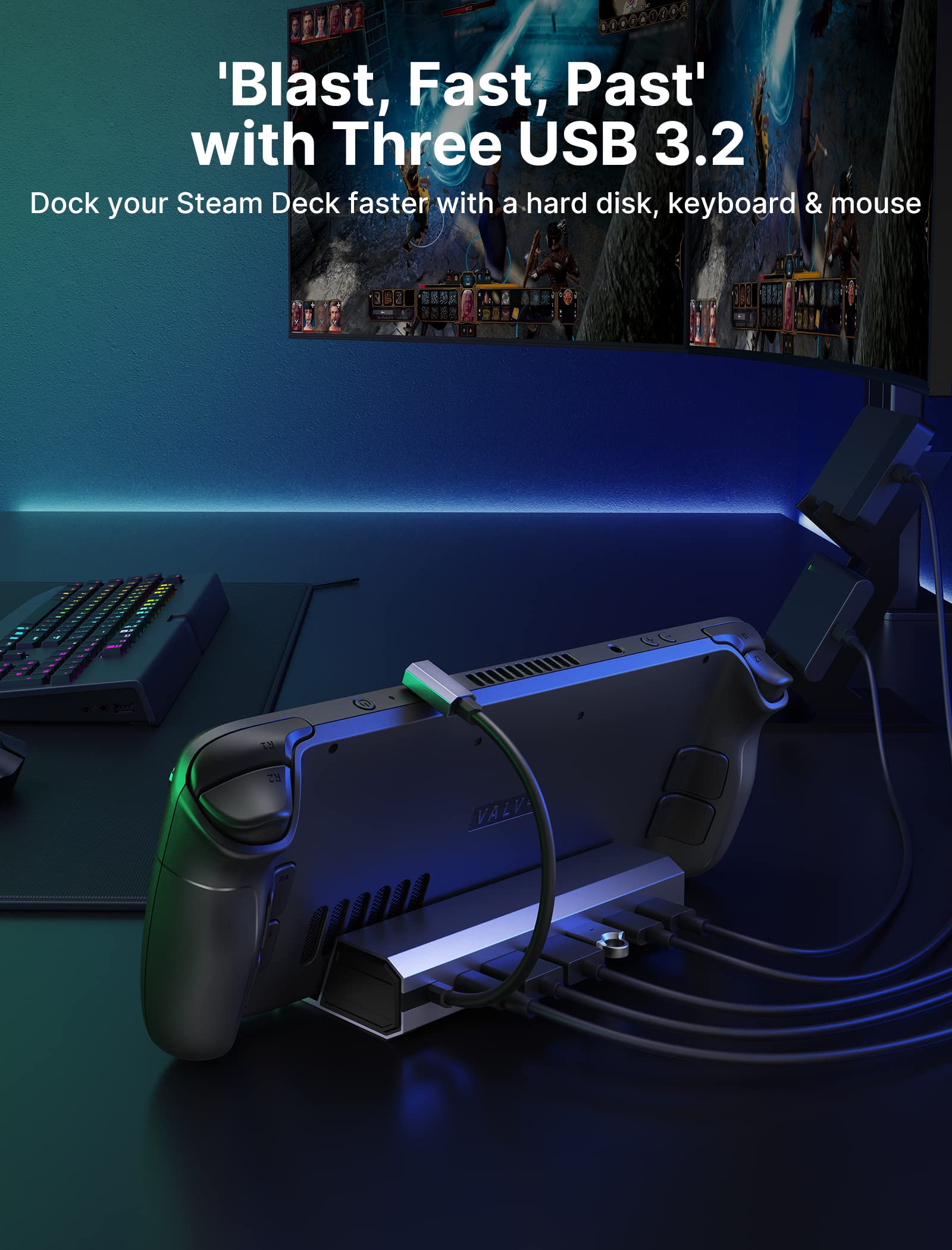 JSAUX Docking Station for Steam Deck/Rog Ally/Legion Go, 7-in-1 Steam Deck Dock with HDMI 4K@60Hz, DisplayPort, Gigabit Ethernet, USB-A 3.2 and 100W Charge Compatible with Steam Deck OLED-HB0702