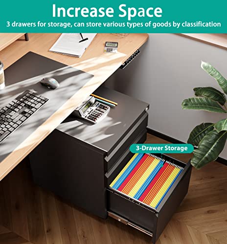 SISESOL 3 Drawer Mobile File Cabinet with Lock,Black Under Desk File Cabinets with Wheels,Rolling Metal Filing Cabinet for Home Office,Fit Legal/Letter/a4 File,Fully Assembled Except Casters