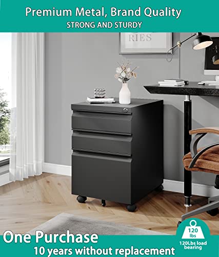 SISESOL 3 Drawer Mobile File Cabinet with Lock,Black Under Desk File Cabinets with Wheels,Rolling Metal Filing Cabinet for Home Office,Fit Legal/Letter/a4 File,Fully Assembled Except Casters