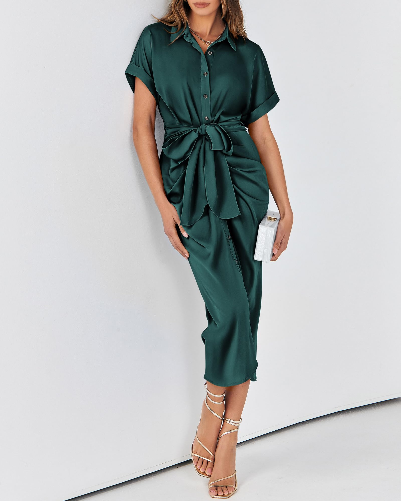 BTFBM 2024 Women Button Down Ruched Shirt Dresses Short Sleeve Lapel V Neck Elegant Party Spring Summer Maxi Satin Dress(Short Sleeve Dark Green, Medium)