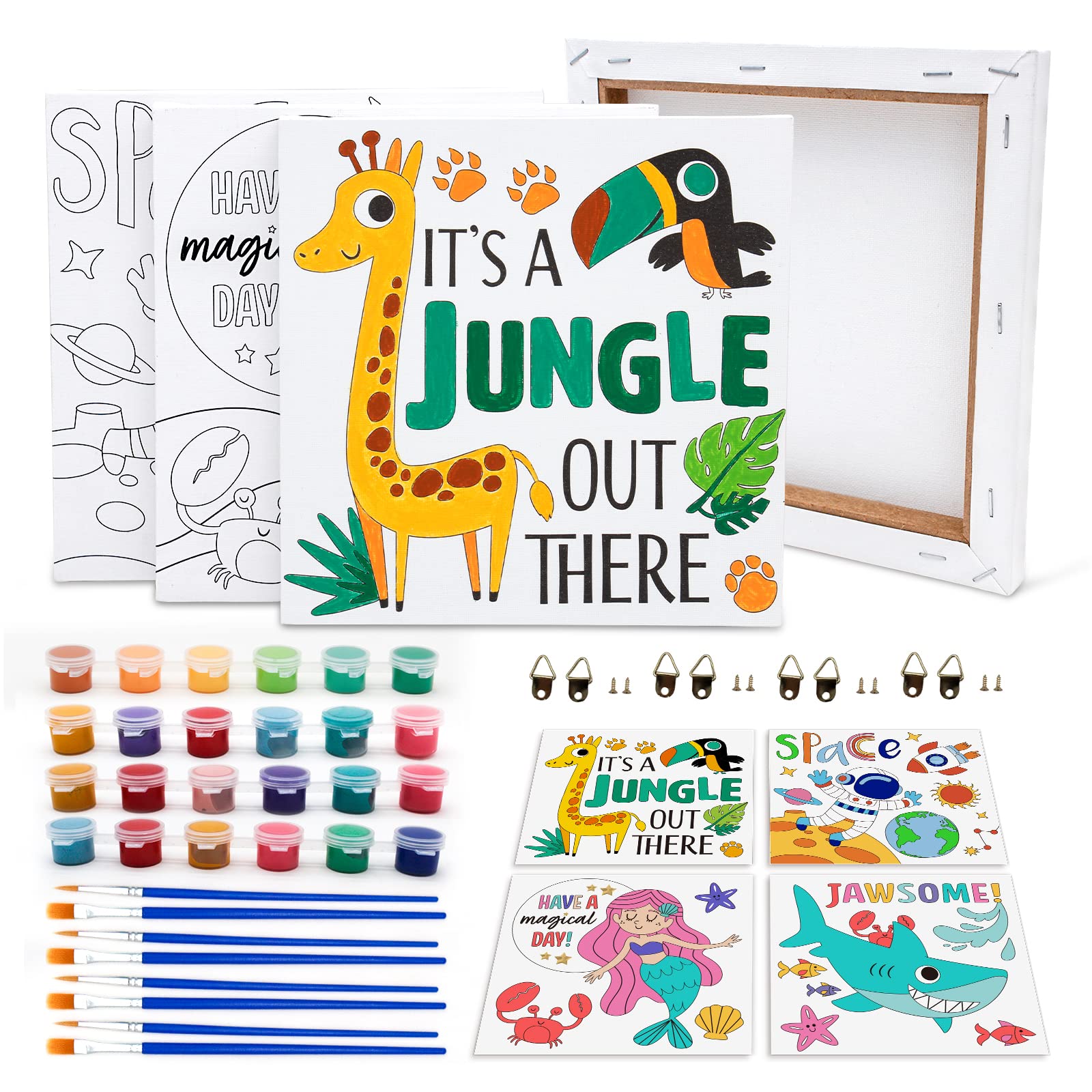 goldentime 4 Packs 8 inch Pre Drawn Canvas Kit, Paint by Numbers for Kids,Stretched Canvaes with Picture, Pre-Printed Acrylic Painting Set Age 8-12 9-12 4-8