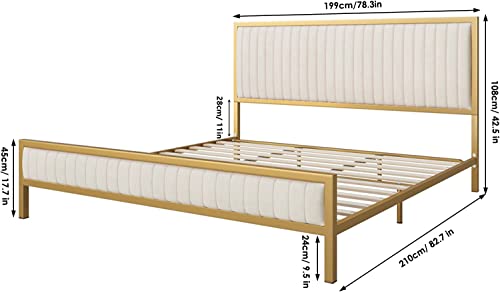 HIFIT King Size Bed Frame, King Bed Frame and Headboard, Heavy Duty Metal Foundation, Upholstered Bed Frame with Velvet Tufted Headboard, Wood Slats Support, No Box Spring Needed, Gold and Ivory White