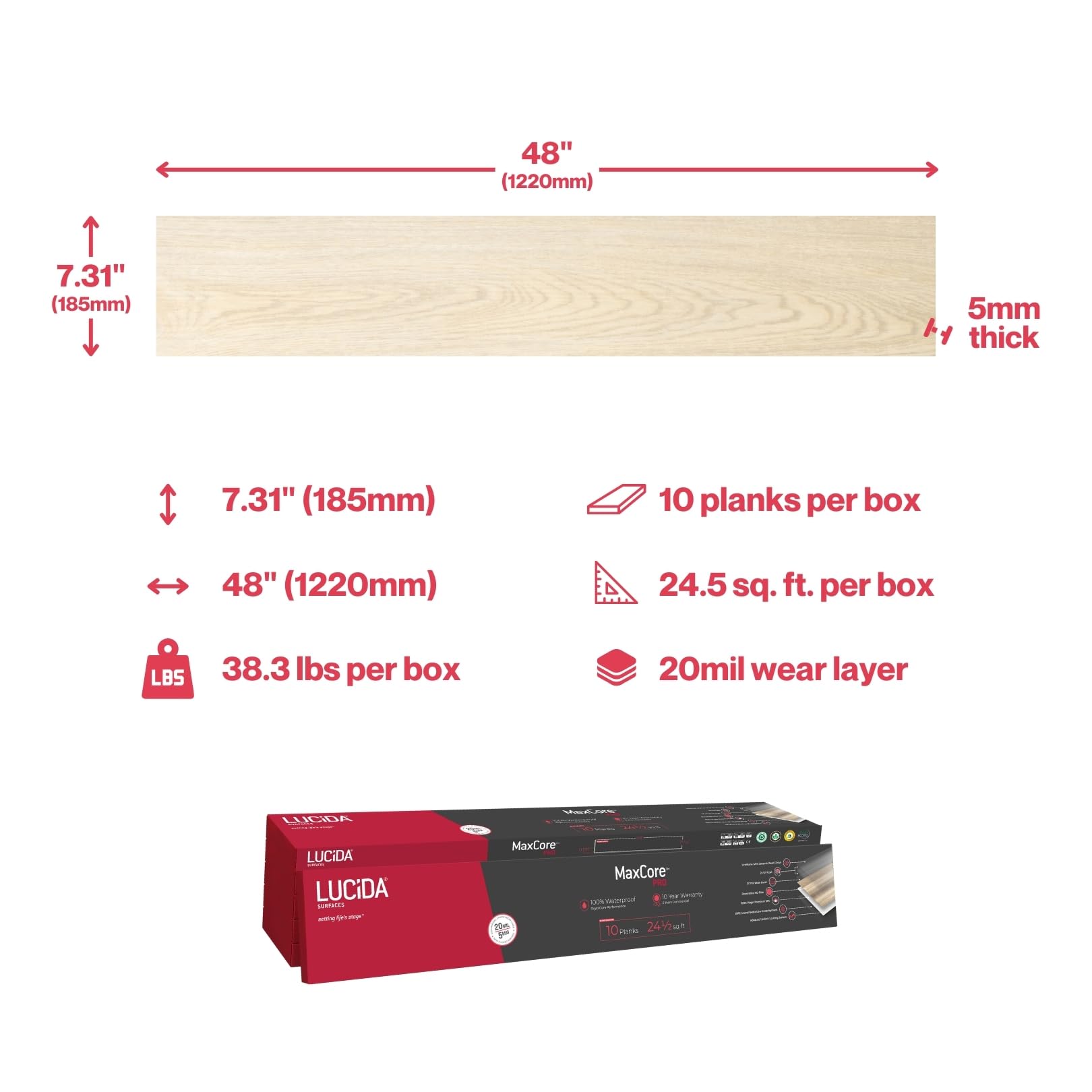 Lucida Surfaces Luxury Vinyl Flooring | Interlocking Flooring for DIY Installation | 10 Wood-Look Planks | CliCore | 24.5 Sq. Feet (10, NaturalOak, 10 Planks)