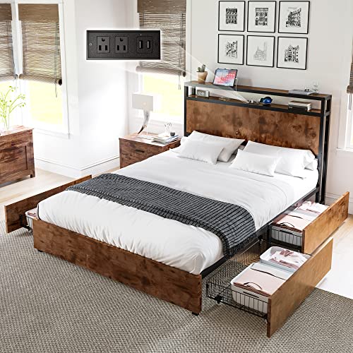 LUXOAK Full Size Bed Frame with 4 Storage Drawers, Wooden Platform Bed with 2-Tires Storage Headboard and Charging Station, No Box Spring Needed/Noise Free/Rustic Brown