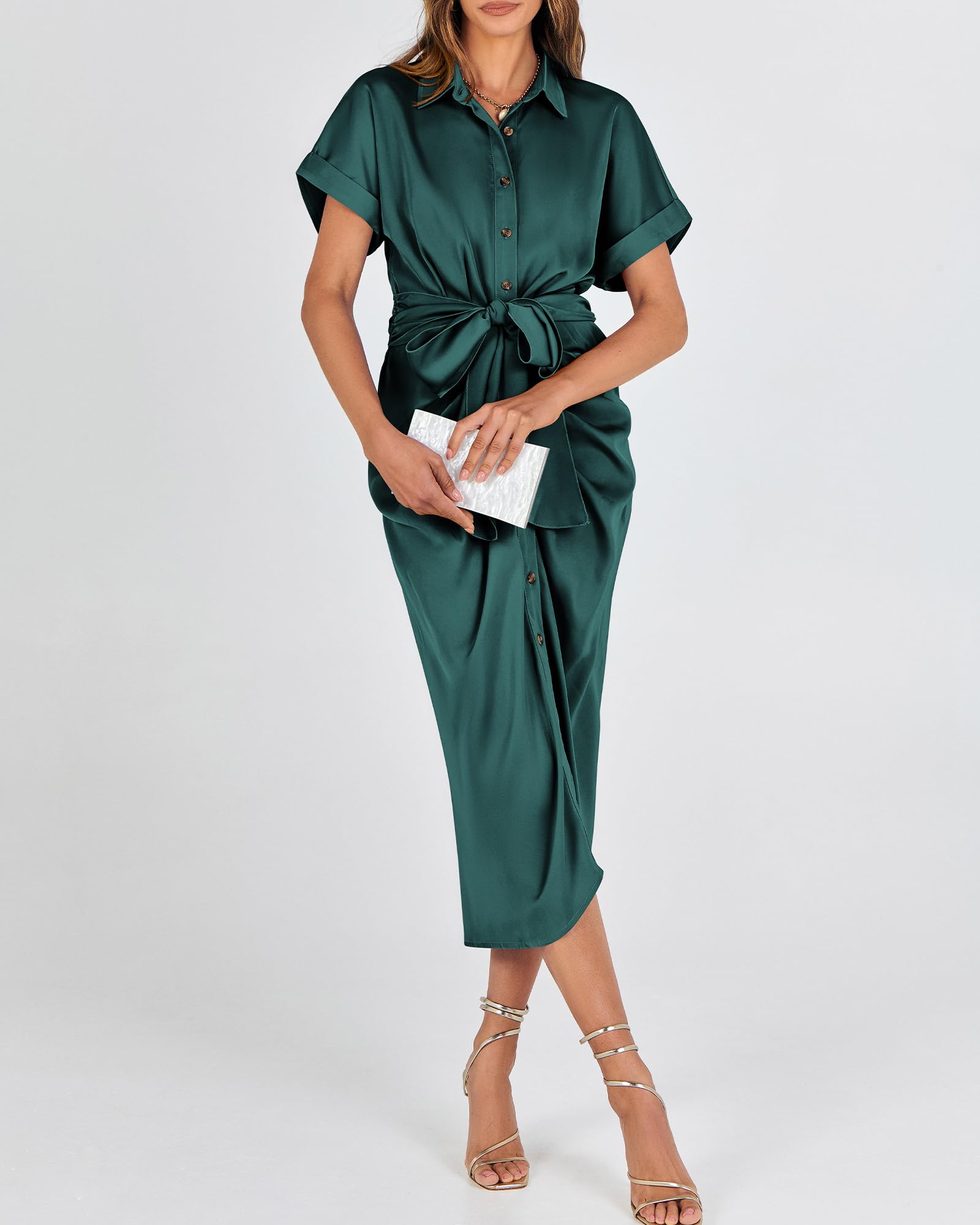 BTFBM 2024 Women Button Down Ruched Shirt Dresses Short Sleeve Lapel V Neck Elegant Party Spring Summer Maxi Satin Dress(Short Sleeve Dark Green, Medium)