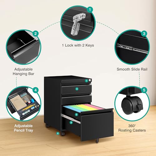 SISESOL 3 Drawer Mobile File Cabinet with Lock,Black Under Desk File Cabinets with Wheels,Rolling Metal Filing Cabinet for Home Office,Fit Legal/Letter/a4 File,Fully Assembled Except Casters