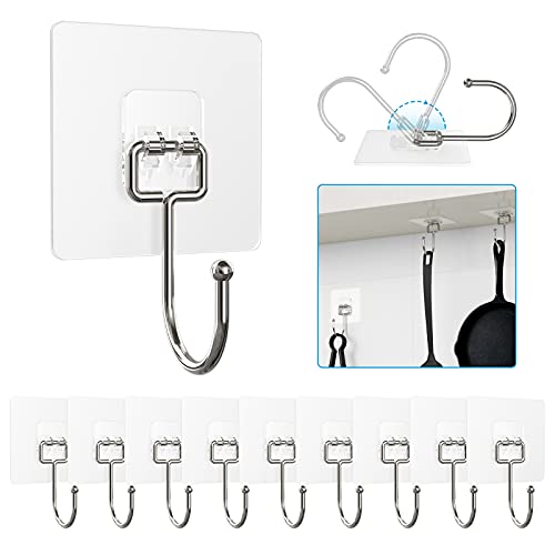 UYCCIMB 10 Pieces Large Wall Hooks for Hanging Heavy Duty 22lb(Max),Coat and Towel Adhesive Hooks,Wall Hangers Waterproof and Oilproof for Bathroom,Kitchen and Home Sticky Hooks (Transparent)