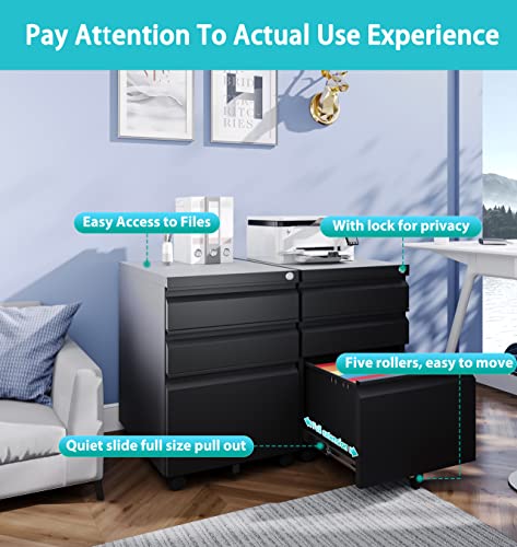 SISESOL 3 Drawer Mobile File Cabinet with Lock,Black Under Desk File Cabinets with Wheels,Rolling Metal Filing Cabinet for Home Office,Fit Legal/Letter/a4 File,Fully Assembled Except Casters
