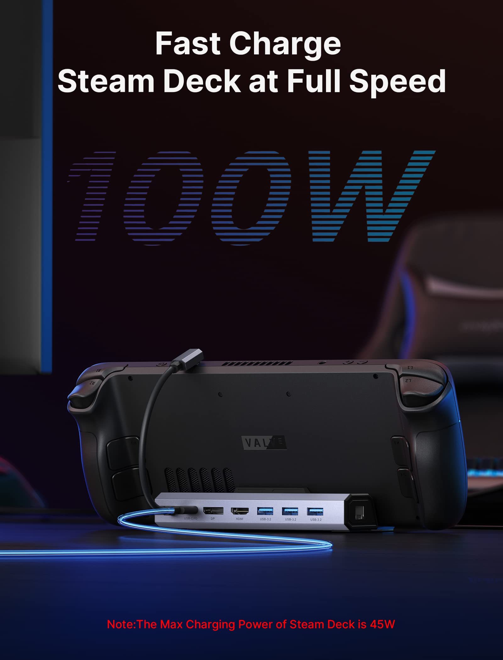 JSAUX Docking Station for Steam Deck/Rog Ally/Legion Go, 7-in-1 Steam Deck Dock with HDMI 4K@60Hz, DisplayPort, Gigabit Ethernet, USB-A 3.2 and 100W Charge Compatible with Steam Deck OLED-HB0702