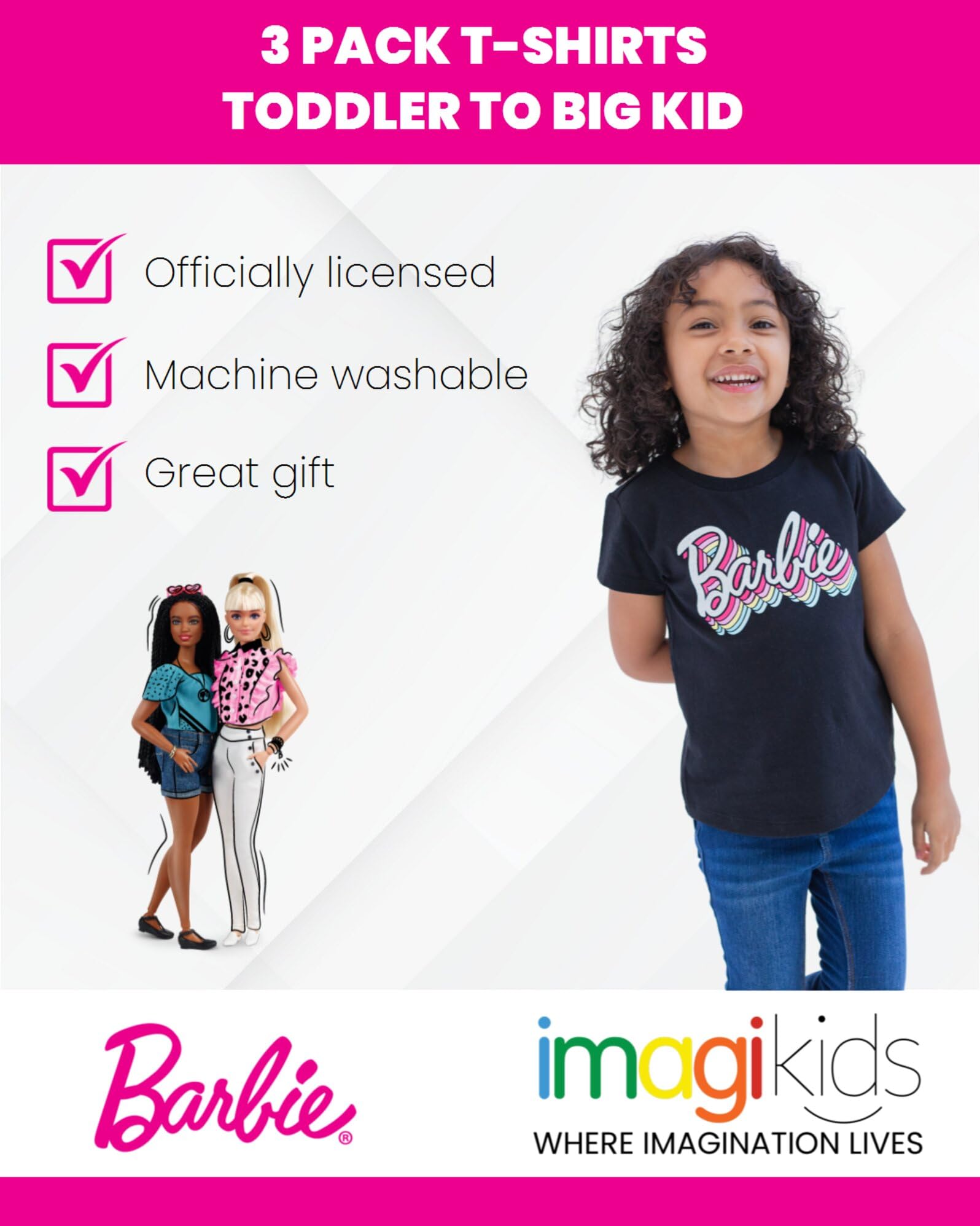 Barbie Toddler Girls 3 Pack T-Shirts Pink/Black 4T