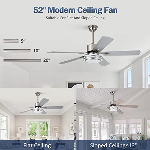 Chriari 52 Inch Ceiling Fans with Lights Remote Control, Wood Low Profile Ceiling Fan with 5 Silver Blades Quiet Reversible DC Motor, Modern Ceiling Fan with 6 Speeds, Dimmable LED Light, Smart Timing