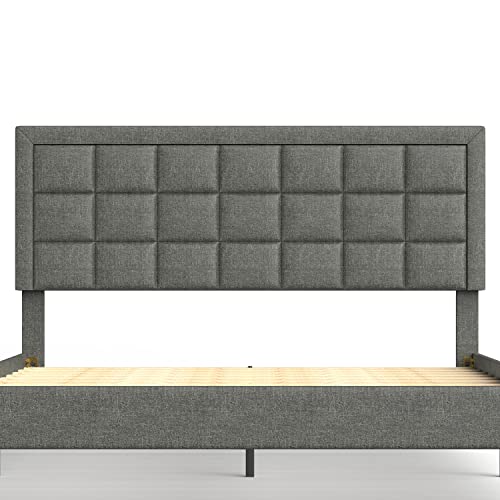 Nazhura Queen Size Bed Frame Upholstered Modern Low Profile Platform with Tufted Headboard/No Box Spring Needed/Linen Fabric Upholstery/Charcoal Grey
